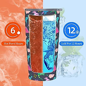 20oz Tumbler Hand Drawn Cute Dinosaur Double Wall Vacuum Insulated Coffee Mug with Lid and Metal Straw Brush Reusable Stainless Steel Water Bottle Travel Cup Gifts for Car Ice Drinks Hot Beverage