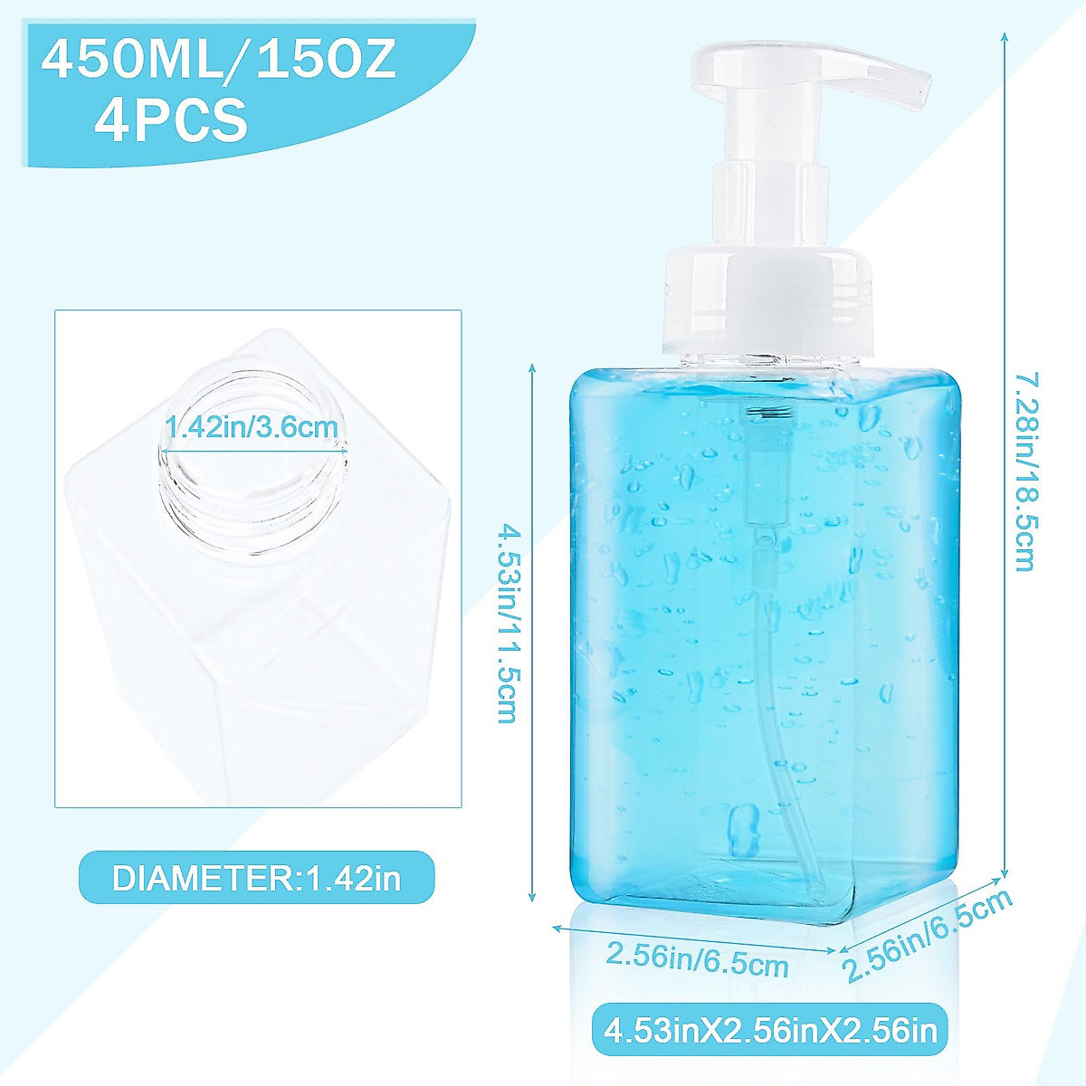 Foaming Soap Dispenser 15oz/450ml Clear Empty Foam Soap Dispenser, Square Refillable Plastic Foaming Hand Soap Dispenser Soap Pump for Liquid Soap, Shampoo, Body Wash(4 Pack)