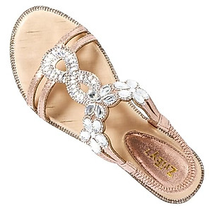 ZriEy Women's Open Toe Flat Sandals Beach Sandals Beaded Flower Rhinestone Flat Sandals Low Heels Dress Wedding Party Driving Shopping Travel Shoes Rose Gold Size 10
