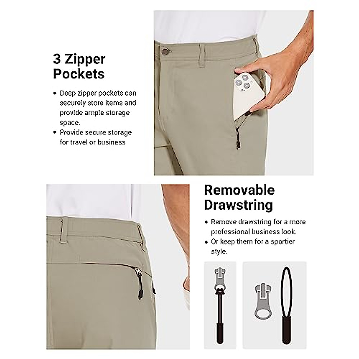 SPECIALMAGIC Golf Pants Men Stretch Slim fit Hiking Pants Lightweight Dress Casual Tapered Zipper Pockets 34