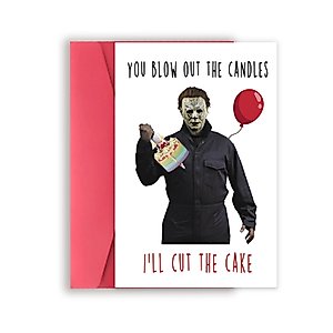 BENNLOOS Horror Themed Birthday Card Decorations for Anyone, Funny Michael Myers Birthday Card for Him Her, Scream Killer Movie Bday Gifts for Best Friend