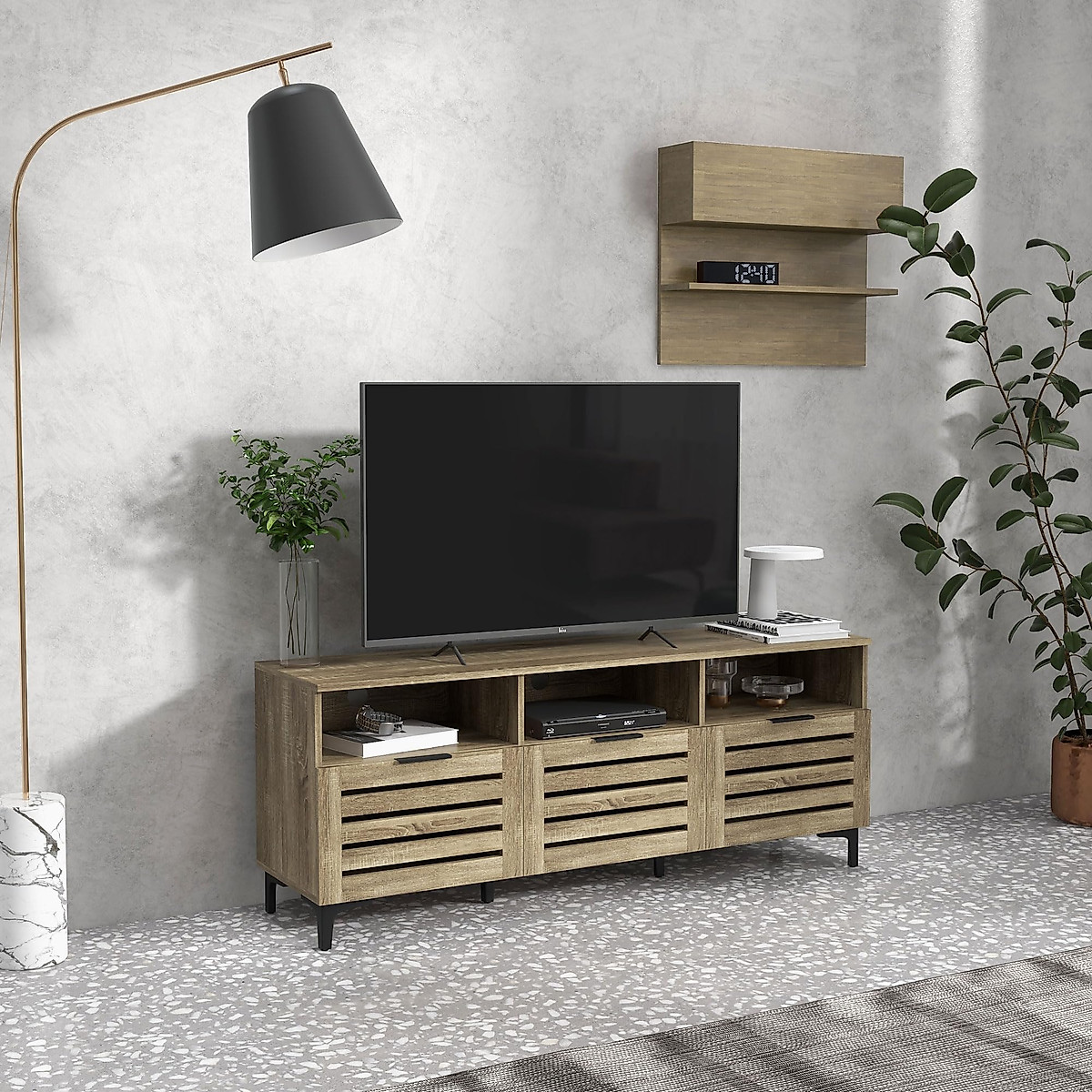 HOMCOM TV Stand for 65 Inch TV, Entertainment Center with Drawer, Doors, and Storage Shelves, TV Cabinet for Living Room, Bedroom, Gray