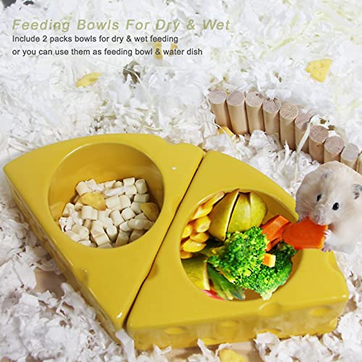 Zhilishu Hamster Food Bowl, 2 Packs Guinea Pig Food & Water Bowls Ceramic Cheese Shape Feeding Drinking Bowl Food Dish Prevent Moving for Small Animals Rabbit Bunny Gerbil Rat Mice (White)