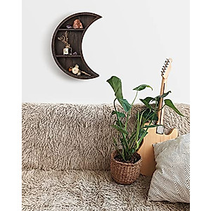 Dahey Moon Shelf Wall Mounted Moon Wall Decor Crystal Display Shelf Crescent Wooden Floating Shelves Hanging Storage for Living Room Bedroom Bathroom Kitchen Witchy Room Decor, 12" L×3" D×16" H