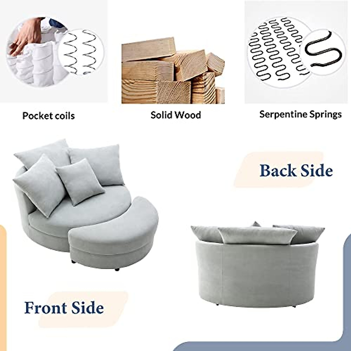 HOMVET 360° Swivel Accent Barrel Chair with Storage Ottoman & 4 Pillows, Modern Linen Leisure Chair Round Accent for Living Room,Beacon Grey