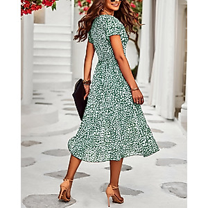 BTFBM Women Casual Summer Short Ruffles Tiered Sleeve Smocked Midi Dresses Bohemian Floral V Neck Wedding Guest Long Dresses