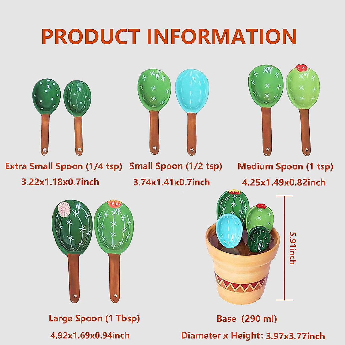 Cactus Measuring Spoons Set in Pot, Cute Ceramic Measuring Spoons and Cups, Baking Cacti Spoon with Holder for Milk Powder Sugar Salt Wet Dry Ingredients, Kitchen Home Small Decorations Ornaments