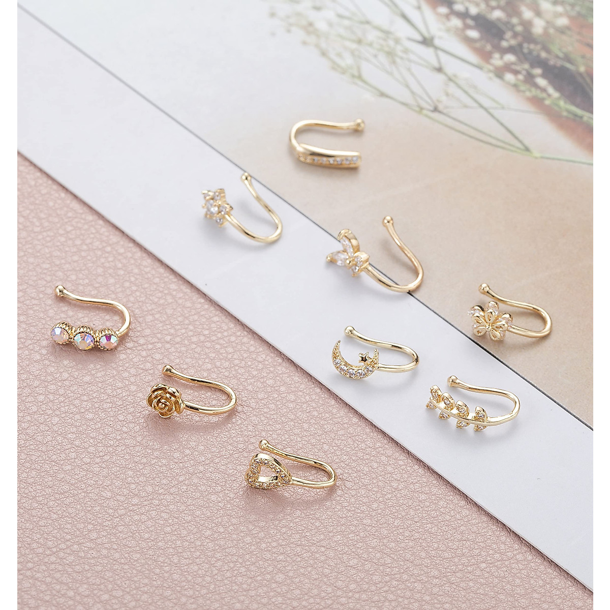 YOVORO 9Pcs Fake Nose Rings Hoop for Women Faux Cartilage Tragus Ring Nose Cuff Non Piercing Jewelry Set G