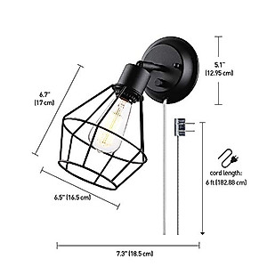 Globe Electric 65291 1-Light Plug-in or Hardwire Industrial Cage Wall Sconce, Matte Black Finish, On/Off Rotary Switch, 6ft Clear Cord, Wall Lights for Bedroom Plug in, Kitchen Sconces Wall Lighting