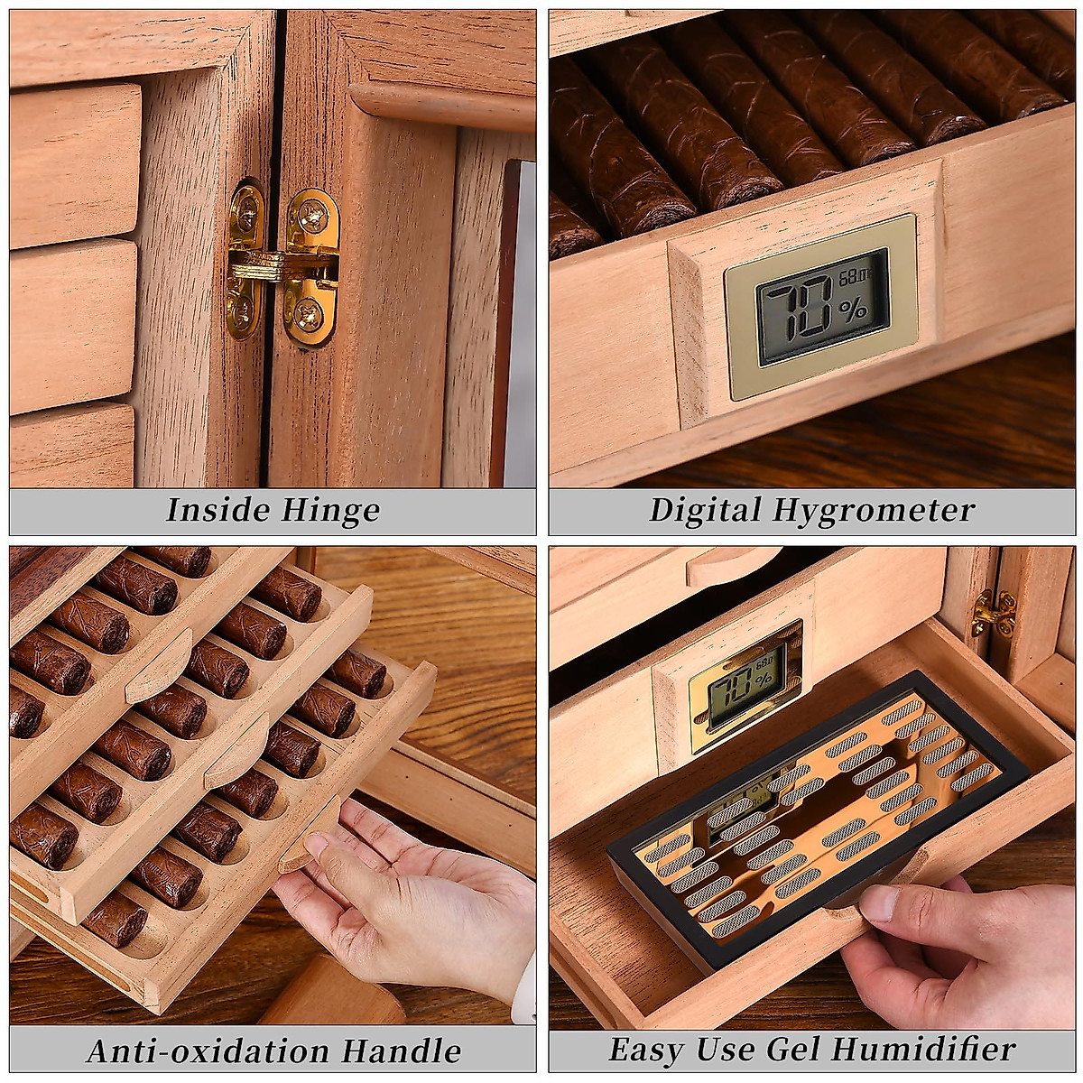 Hecai Sapele Wood Cabinet with 1 Larger Drawer+3 Cedar Trays 1 Humidifiers Digital Hygrometer for 50-55 Capacity Gifts for Men-Small