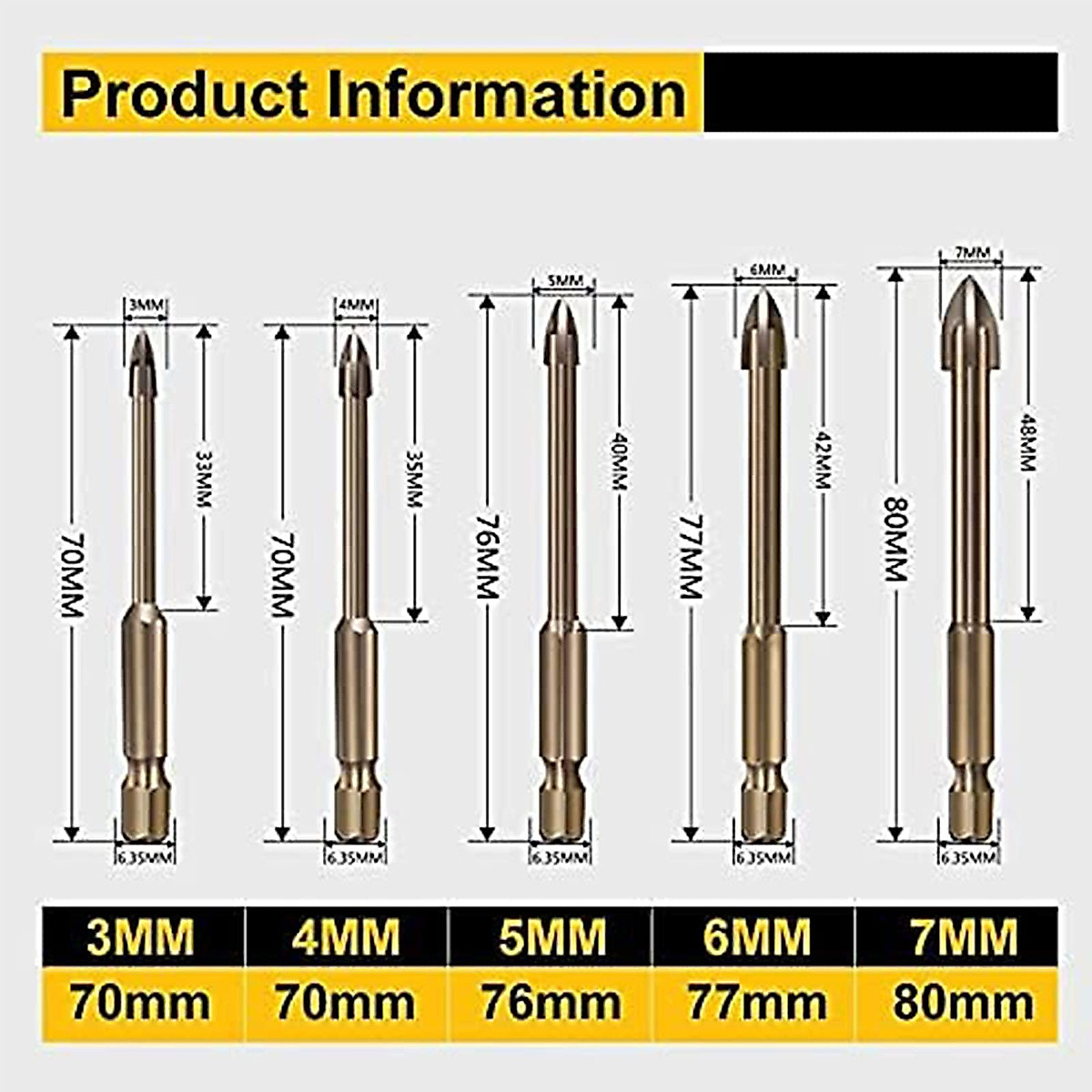 QRTU 5 Pcs Efficient Universal Drilling Tool,Drill Bit Set Thickened High Hardness Accessory Tool,YG6X Alloy Drill Bit Set Drill to the Bottom,Hard Alloy Drill Bits Set for Glass,Plastic,Tile