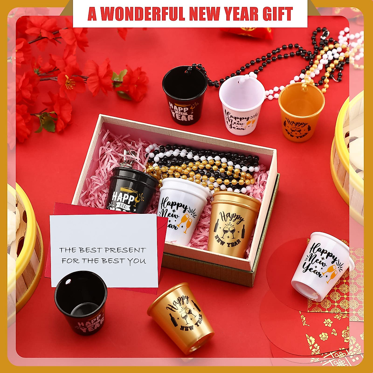 12 Pieces Happy New Year Shot Glass Beaded Necklace Plastic Shot Necklace Cups New Years Party Shot Glasses Necklace Favors for Adults and Teens New Year's Party Family Gathering Supplies, 3 Colors