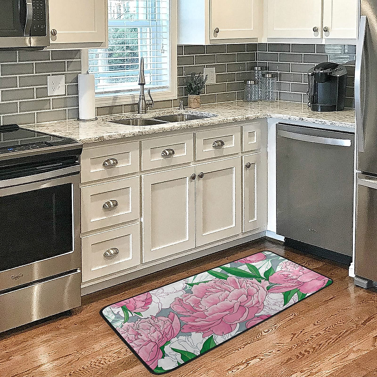 HUSSRITY Pink Peony Flowers Kitchen Rugs Cushioned Anti-Fatigue Comfort Floor Mat Non Slip Kitchen Mat Runner Rug for Sink Office Laundry (39"x20")