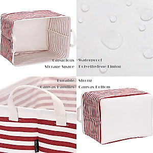 Sea Team Collapsible Canvas Fabric Storage Basket with Handles, Rectangle Waterproof Storage Bin, Box, Cube, Foldable Shelf Basket, Closet Organizer, 16.5 x 11.8 x 9.8 Inches, Red Stripe