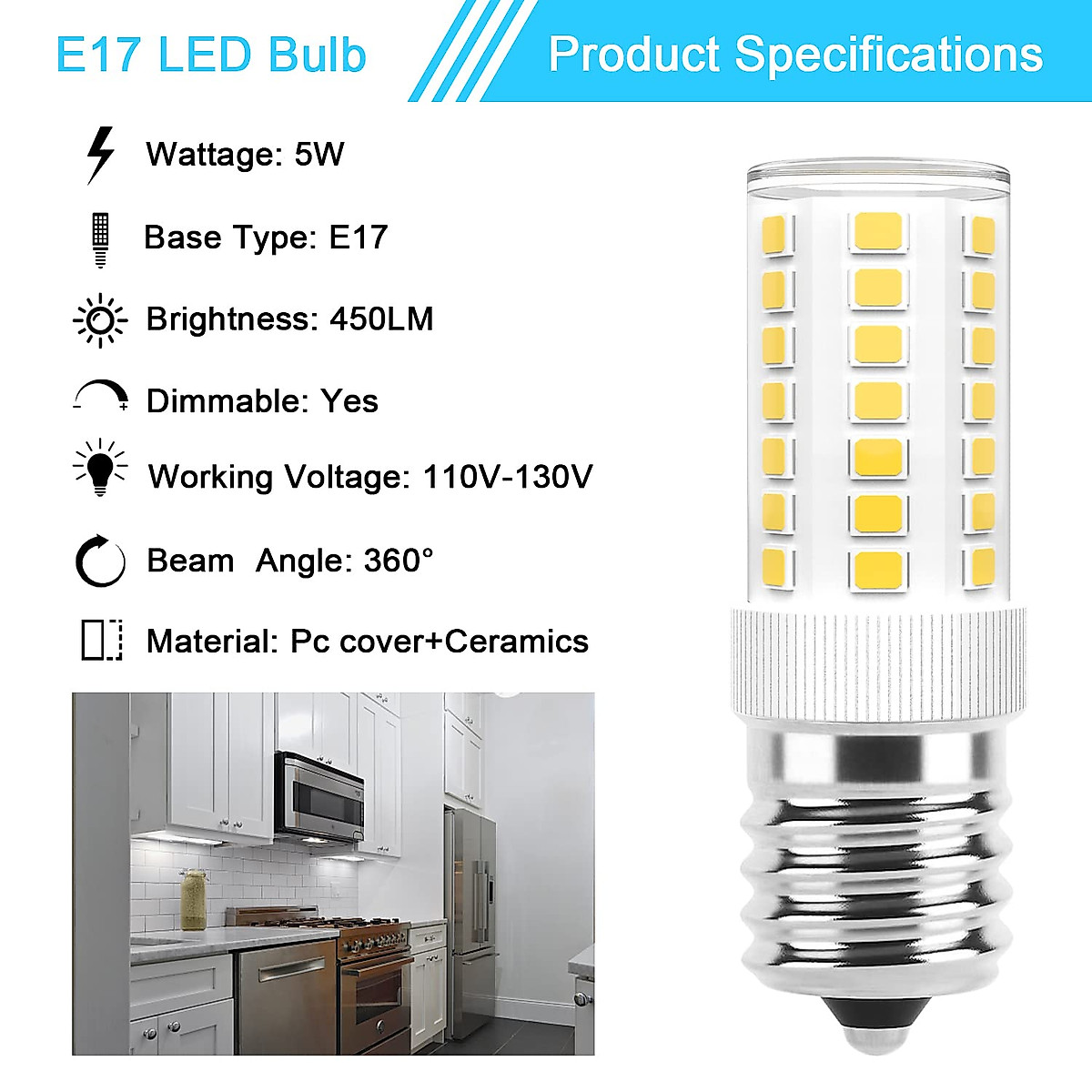 E17 LED Bulbs Dimmable 5W Microwave Over Stove Bulb, 40W Incandescent Equivalent, Daylight White 6000K, Fit for Whirlpool Maytag GE Kenmore LG Microwaves, Replaces 8206232A 1890433 AP4512653, 2 Pack