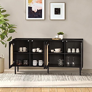 HULALA HOME 63" Wide Sideboard, Modern Sideboard Buffet Storage Cabinet with 4 Doors & 2 Adjustable Shelves, Kitchen Storage Buffet Cabinet Rattan Design, for Hallway, Entryway [Black]