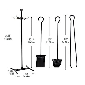 Mind Reader Fireplace Set with Stand, Brush, Shovel Scoop, Poker, Tongs, Steel, 8.25"L x 6.75"W x 26.25"H, 4 Pcs, Black