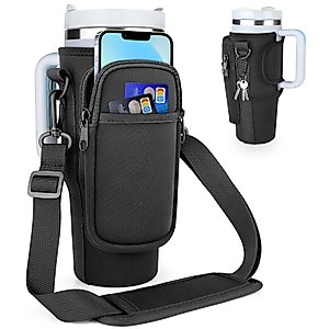 CTSZOOM Water Bottle Carrier Bag for Stanley 40 Oz Tumbler, Bottle Pouch Holder with Pocket and Adjustable Shoulder Strap for Stanley Quencher H2.0, Accessories for Stanley Cup Walking Camping Black