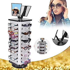ONEPOINTPOINT Glasses Display Stand 360° Rotating 44 Pairs of Sunglasses Eyewear Holder Display Rack with Mirror (Square)