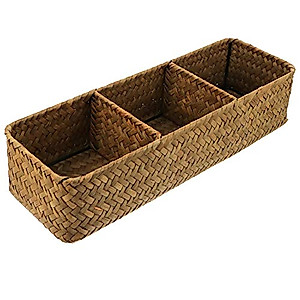YARNOW Woven Shelf Baskets Storage Baskets Seagrass Wicker Baskets Makeup Holder Organizer Divided Storage Bins Box Container Sundries Organizer Cosmetic Storage Box for Bedrooms Home