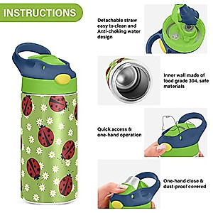 ALAZA Ladybug Kids Water Bottles with Lids Straw Insulated Stainless Steel Water Bottles Double Walled Leakproof Tumbler Travel Cup for Girls Boys Toddlers 12 oz,Green