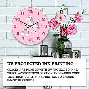 Soul Decor Pink Unicorn and Rainbow Wall Clock, Silent Non-Ticking, Girl/Boy Room Unisex Clock for Children Bedroom Decor, Made in The USA 12 Inch Round