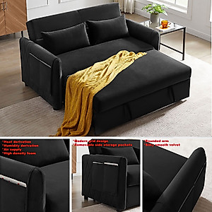 Monkey Patio 59.5 Inches Modern Velvet Loveseat with Pull-Out Convertible Sleeper Sofa Bed, 2 Arm Pockets, 2 Pillows and Adjustable Backrest for Living Room, Grid Design Armrests (Black)