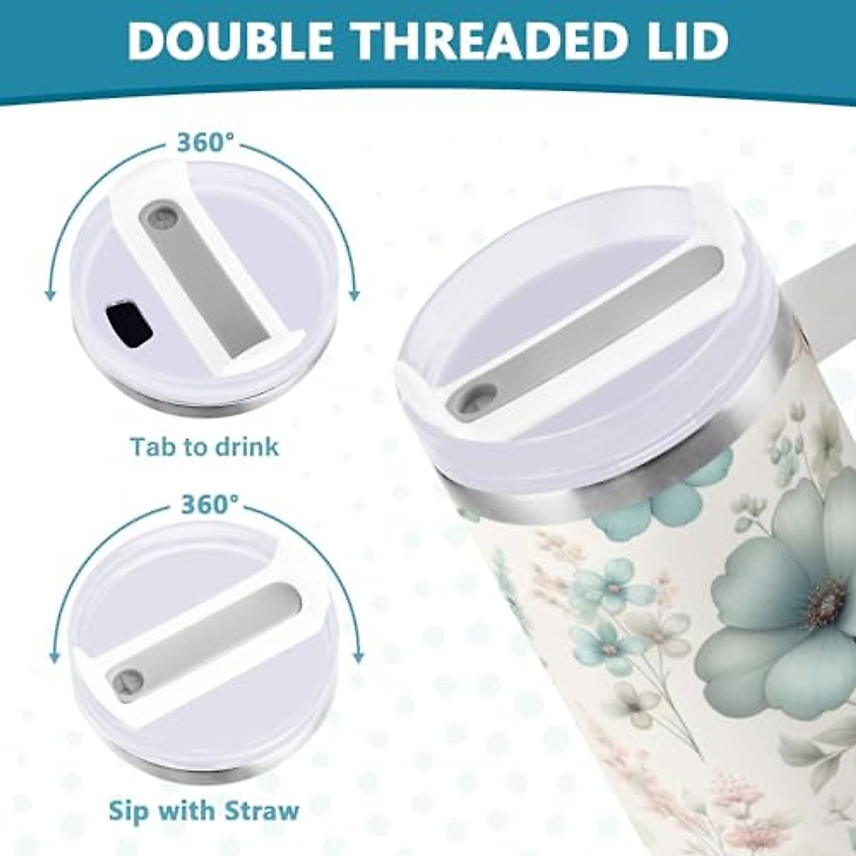 Jihqo Pure Flowers 40 oz Stainless Steel Vacuum Insulated Tumbler with Handle and Straw Lid, Leakproof Water Bottle Double Wall Travel Mug Coffee Cup, Cupholder Friendly