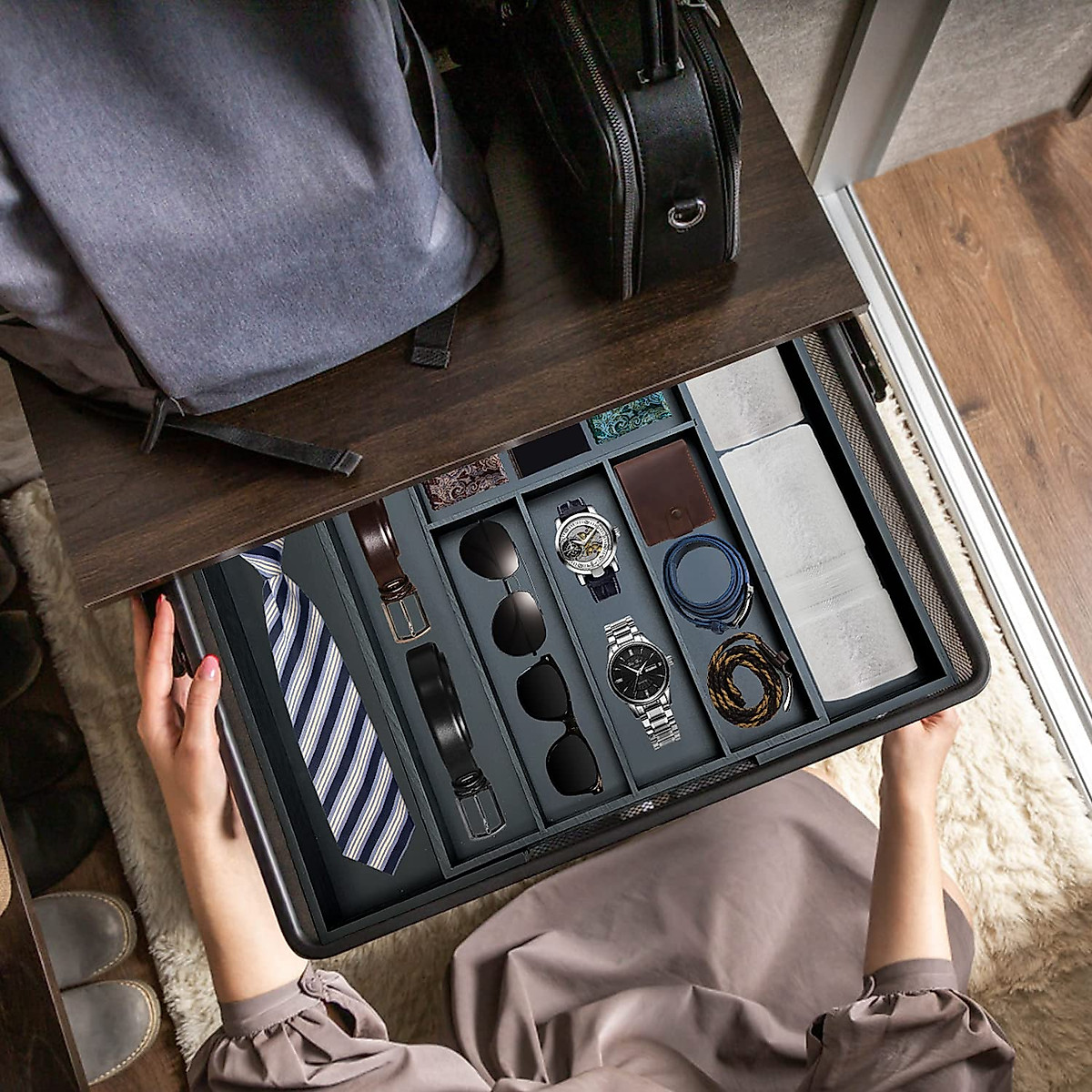 ZHOMA Bamboo Expandable Kitchen Drawer Organizer for Utensils Holder - Silverware Organizer/Utensil Holder and Cutlery Tray with Grooved Drawer Dividers - Black