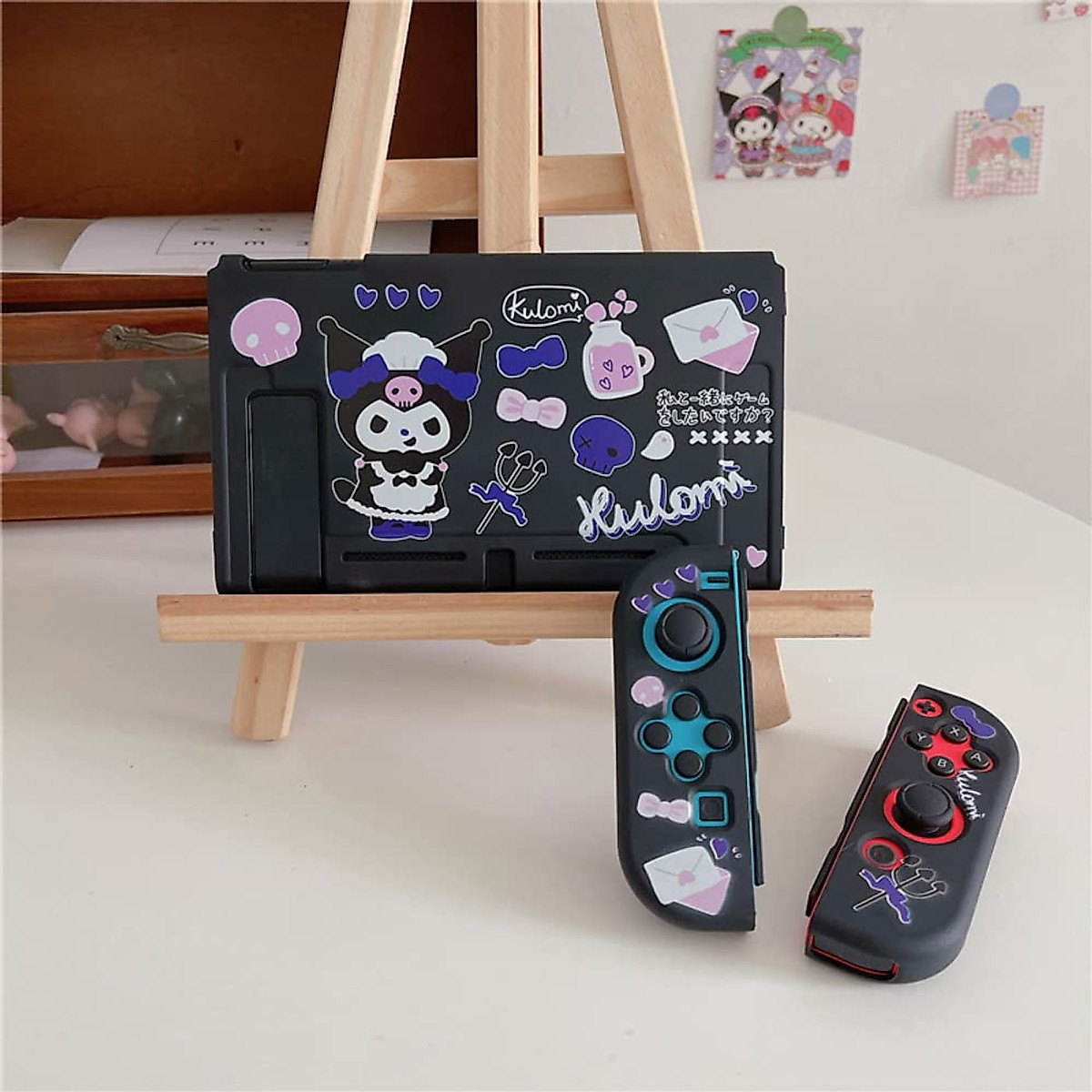 ENIFLY Cute Soft Shockproof Kuromi Dockable Cover Case Compatible with Nintendo Switch, Durable Scratch Resistant Shell for Joycon, Silicone Protective Skin Set