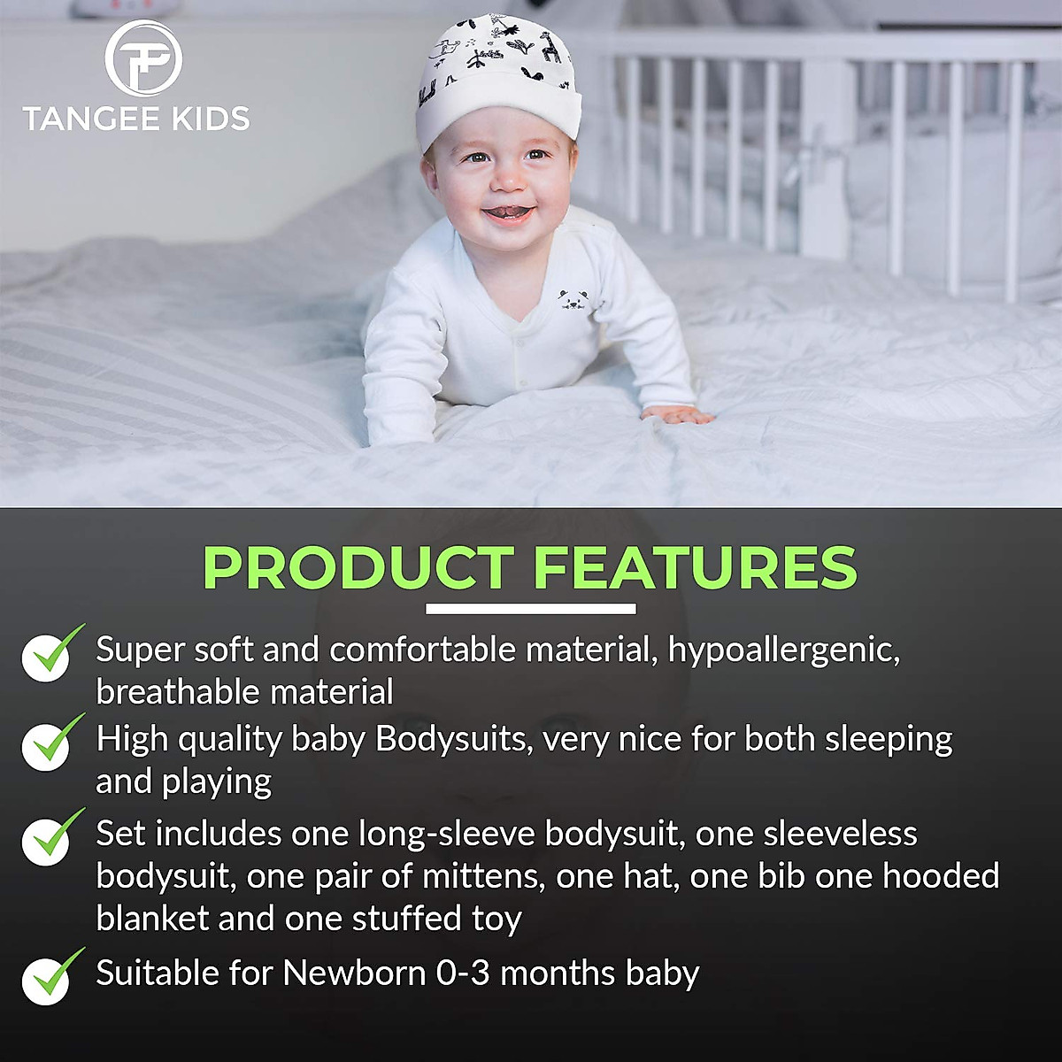 TANGEE KIDS Baby Shower Gift 7 Piece Ivory White (0-3 Months), Newborn Premium Cotton Baby Clothes Boy Girl, Gift Registry, Bodysuits, Bib, Hooded Blanket, Mittens, Hat, Stuffed Toy