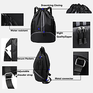 BRILISLE Drawstring Backpack Water-Resistant Sports Gym Bag for Women & Men with Shoes Compartment and Wet-Proof Pocket Black