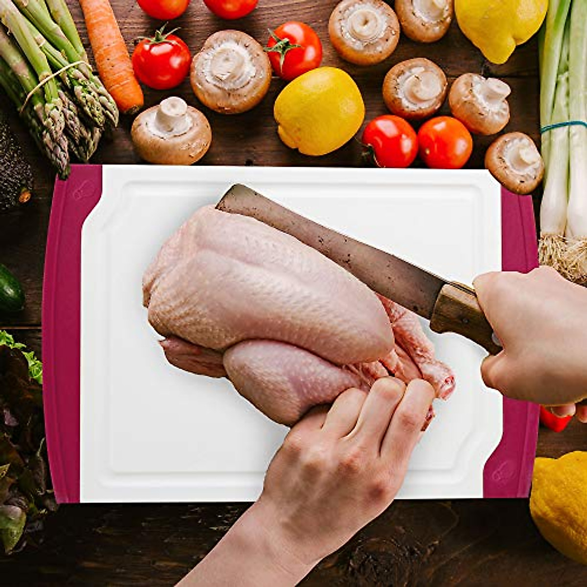 Neoflam 4 Piece Plastic Coded Cutting Board Plus Organizer with Food Icon, Microban Protection, Extra Large, BPA Free, Juice Groove, Non Slip, Dishwasher Safe, 4pc Set, Multicolor