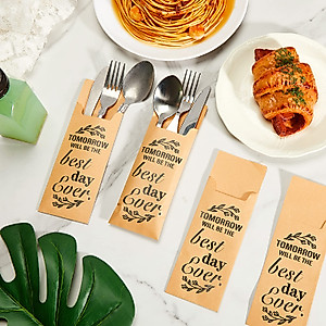 100 Pieces Silverware Bags Tomorrow Will Be The Best Day Ever Rehearsal Dinner Tableware Utensil Holders Rustic Cutlery Pouch Bag Silverware Holder Bag for Wedding Rehearsal Dinner, 2.8 x 7.8 Inch