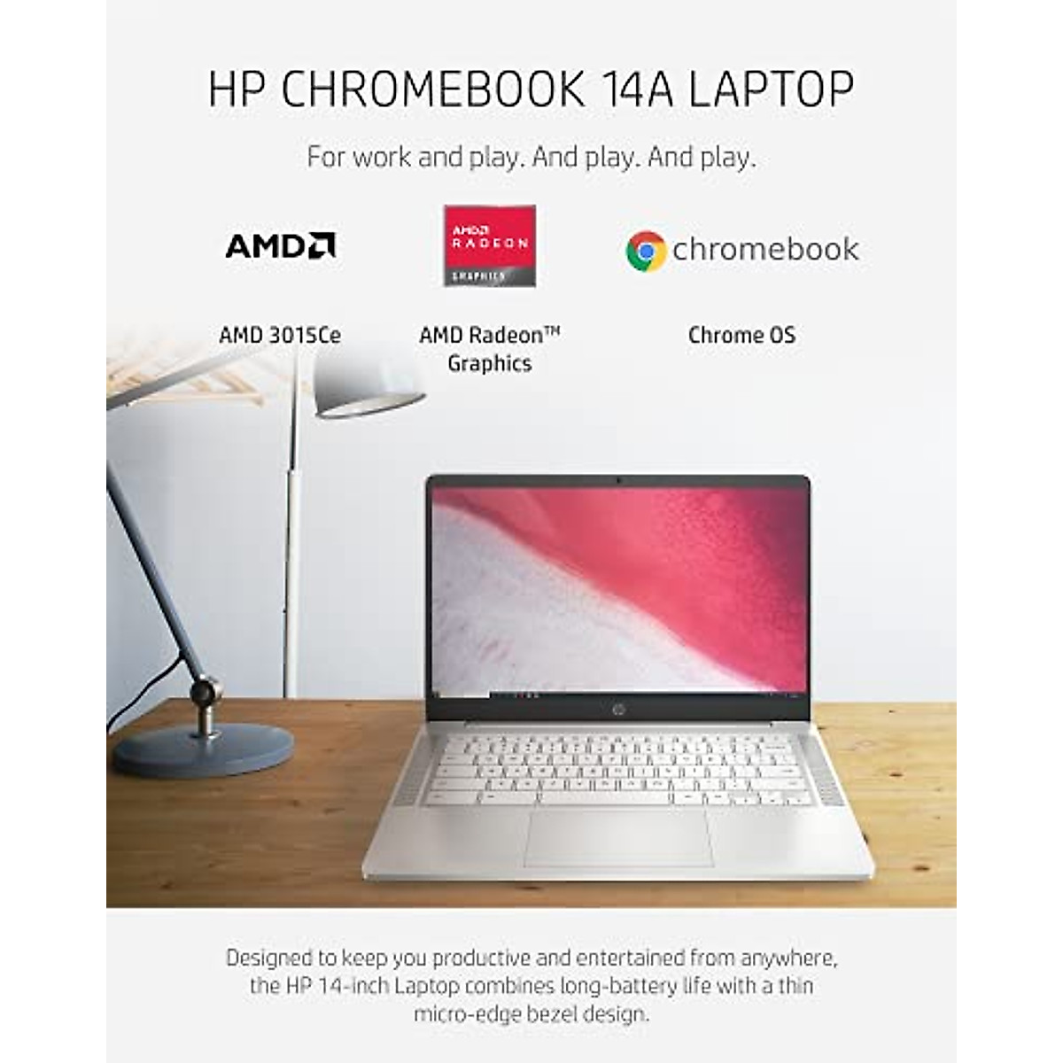 HP Chromebook 14a Laptop, AMD 3015Ce Processor, 4 GB RAM, 32 GB eMMC Storage, 14-inch FHD IPS Display, Google Chrome OS, Anti-glare Screen, Long-Battery Life (14a-nd0080nr, 2021, Ceramic White)