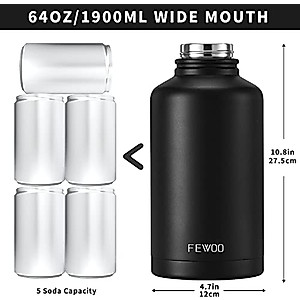 FEWOO Insulated Water Bottle 64 oz, Half Gallon Stainless Steel Water Flask, Double Wall Vacuum Metal Water Jug with Straw Leakproof Sport Lid and Straw Lid for Hiking Camping (64oz, BLACK)