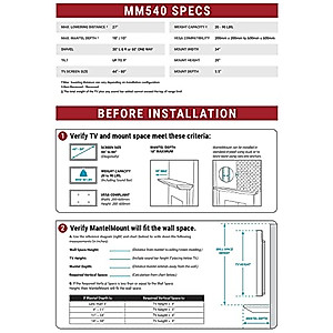 MantelMount MM540 - Above Fireplace Pull Down TV Mount for 40" to 80" Screen TVs to 90 lbs, with Patented auto-straightening, Adjustable Stops, Heat Sensor Handles & Paintable Covers