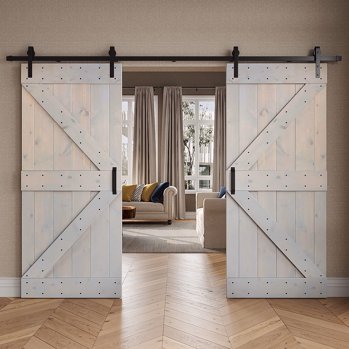 48 in/60in/72in/84in X 84 in K Series DIY Knotty Wood Double Sliding Barn Door with Hardware Kit (72 in x 84 in, Light Grey)