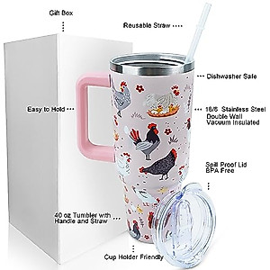 PERRIFIC 40 oz Tumbler with Handle and Straw Lid Leak Proof, Chicken and Rooster Design Coffee Travel Mug with Handle Insulated for Hot and Cold Drink Ice, Mother's Day Birthday Gifts for Women Mom
