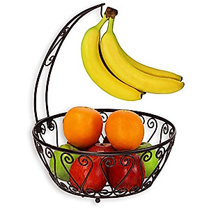 Simple Houseware Metal Fruit Basket Bowl with Banana Tree Hanger, Bronze