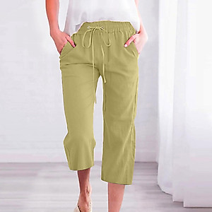 DOLKFU Daily Deals Pants for Women Trendy Women High Waist Casual Capri Cropped Drawstring Elastic Cotton Linen Trousers Loose Fit Beach Capris with Pockets Green XL