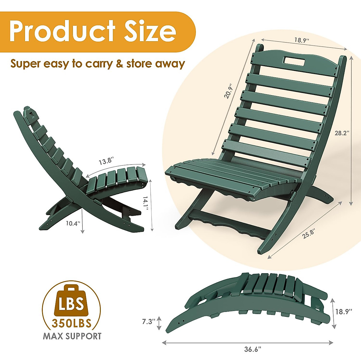 IVY&LANE Portable Xavier-Chairs Set of 4 | Folding-Adirondack-Chair | Wave | HDPE Plastic | Limited Edition | Forest Green | All-Weather Resistant | for Outdoor Fire-Pit Patio Lawn Beach Poolside