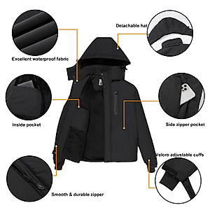 CAMEL CROWN Men's Mountain Snow Waterproof Ski Jacket Detachable Hood Windproof Fleece Parka Rain Jacket Winter Coat Black, X-Large