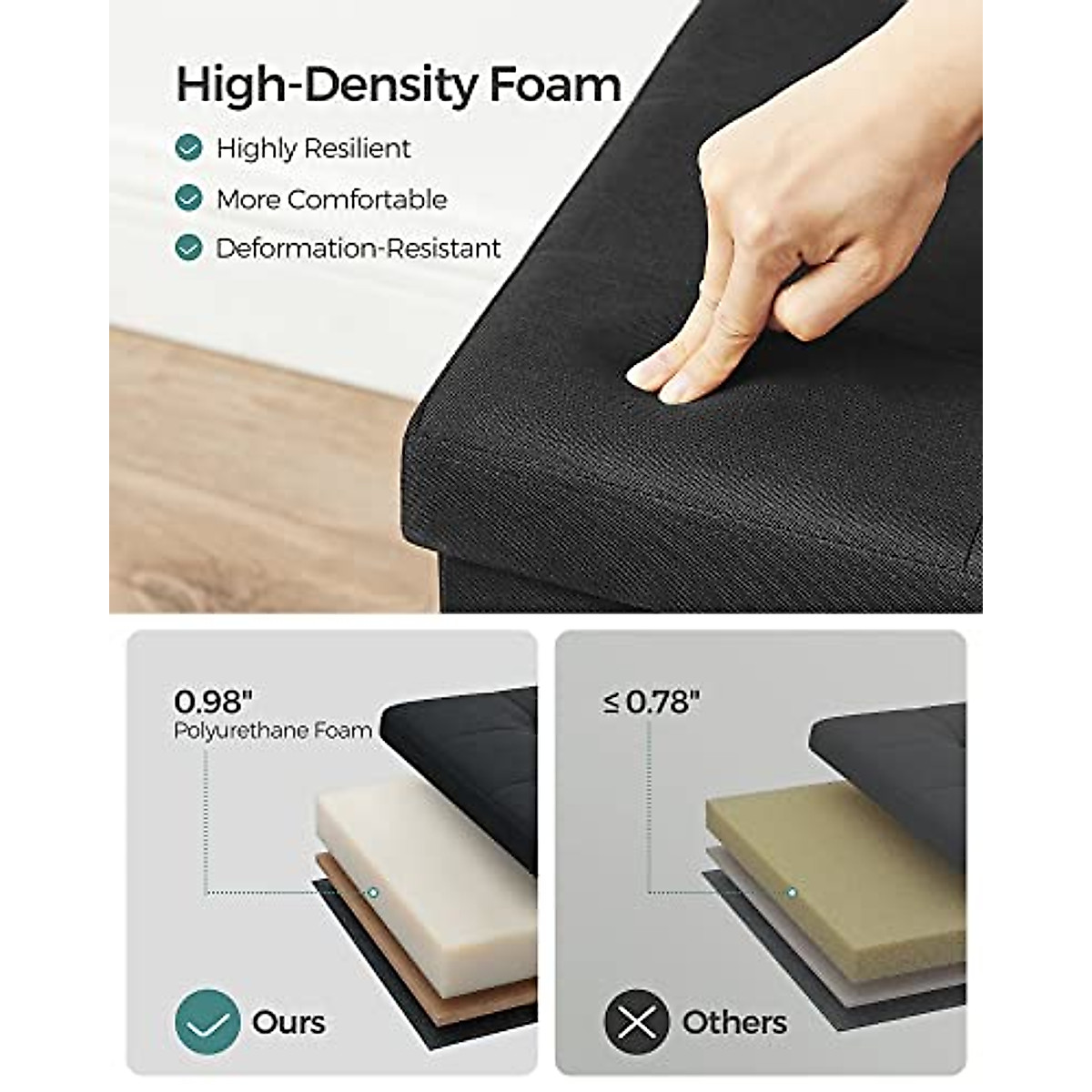 SONGMICS 43 Inches Folding Storage Ottoman Bench, Storage Chest, Foot Rest Stool, Bedroom Bench with Storage, Black ULSF077B01