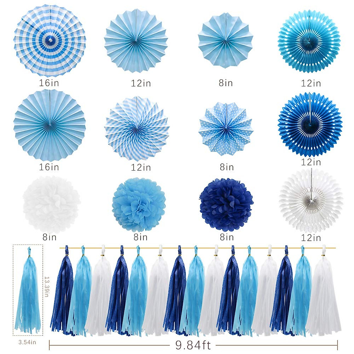Meiduo Blue Party Decorations Hanging Paper Fans Pom Poms Flowers Tissue Tassel Garland for Elephant Shark Theme Kids Birthday Baby Shower Graduation