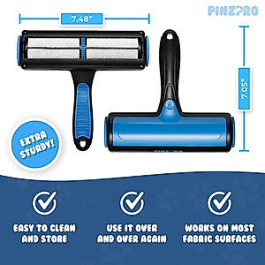 Pet Hair Remover + Bonus Mini Pet Detailing Brush - Reusable Lint Roller - Cat Hair Remover Roller - PinzPro Dog Hair Remover Set for Carpet, Couch, Bed, Car Seat.