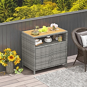 Tangkula Rattan Storage Cabinet, Outdoor Patiojoy Buffet Cabinet with Acacia Wood Countertop, Open Compartment & Enclosed Cabinet, 2-Door Wicker Sideboard, Storage Organizer for Poolside (Mix Grey)