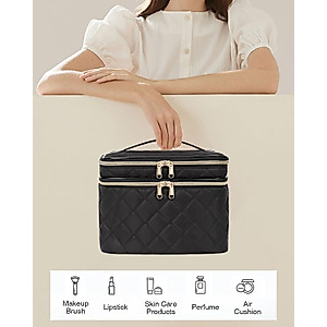 Travel Makeup Bag Organizer, Large Make Up Bag for Women, Double Layer Cosmetic Bag with Removable Dividers, Portable Makeup Case Storage, Black