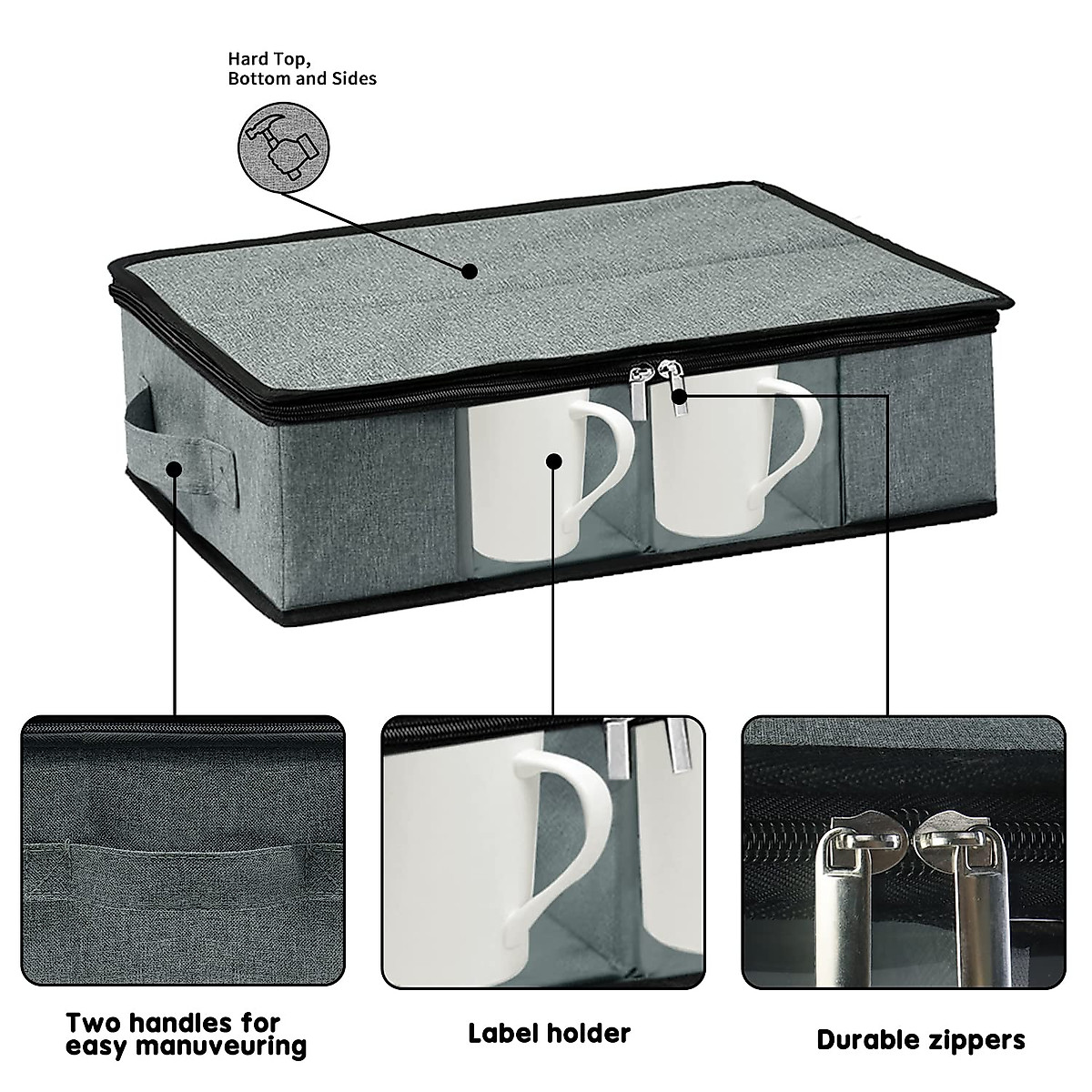 Boczif Coffee Cup Storage Box, Storage Containers Holds 12 Glassware, Coffee Mugs and Tea Cups, Padded Dinnerware Case with Dividers, Handles, Zipper & Lid, Stackable Holders for Plate, Cup, Flatware