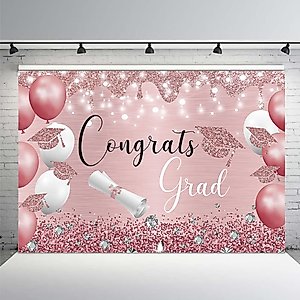 MEHOFOND 7x5ft Rose Gold Congrats Grad Backdrop Graduation Decorations Class of 2024 Ceremony Banner Pink and White Balloons Prom Supplies Photography Studio Props